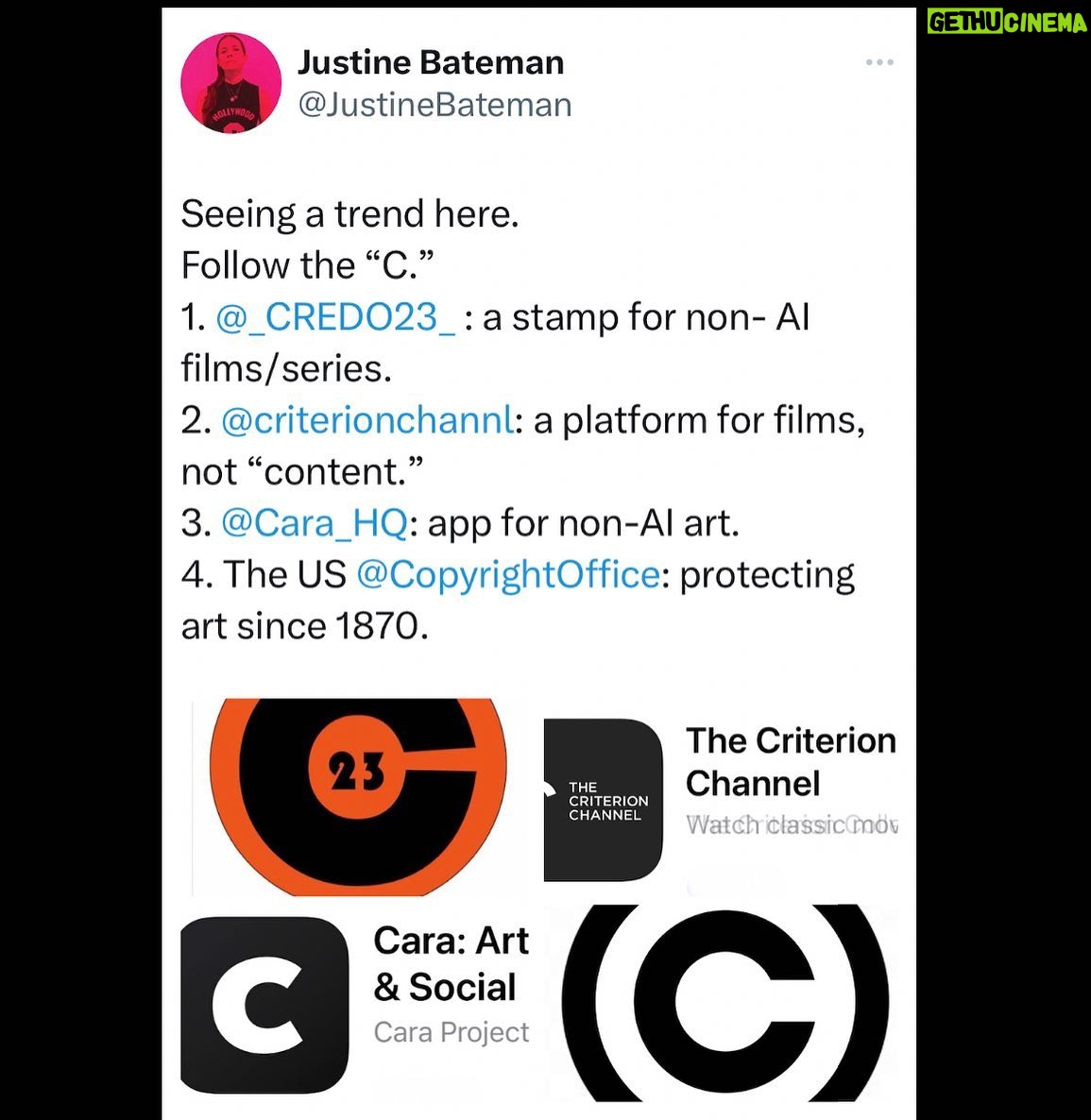 Justine Bateman Instagram – Trending logos for pro-human art. @_credo23_ @criterionchannel @cara ...